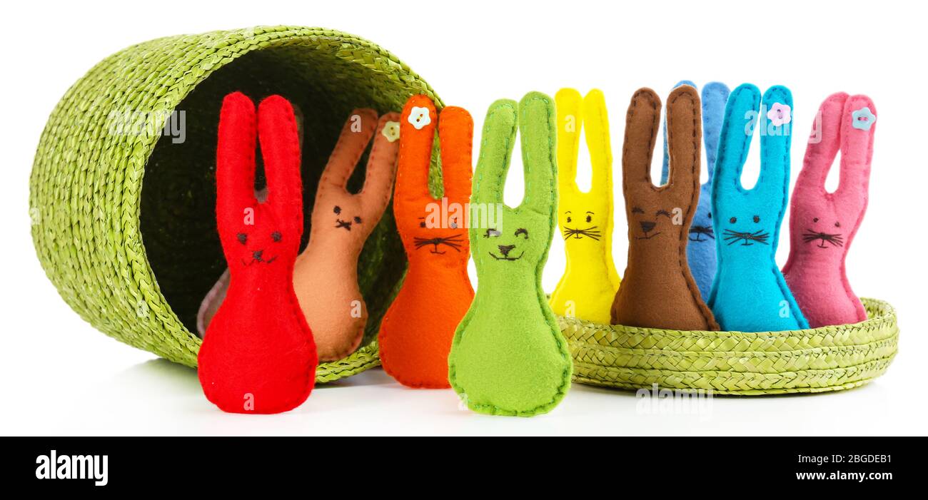 Funny handmade Easter rabbits in basket, isolated on white Stock Photo ...