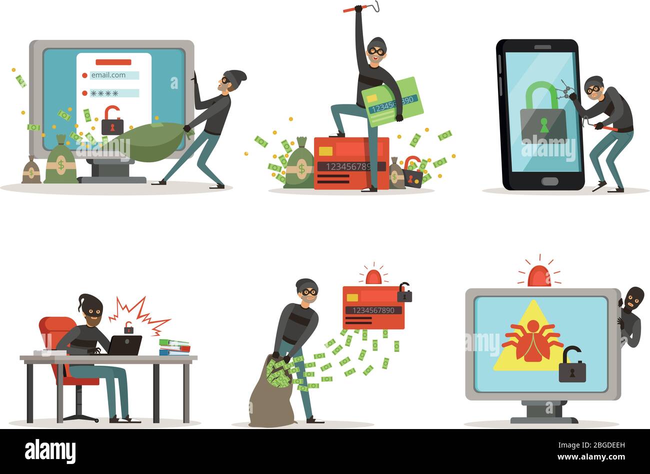 Cartoon illustrations of internet hackers. Breaking different user ...