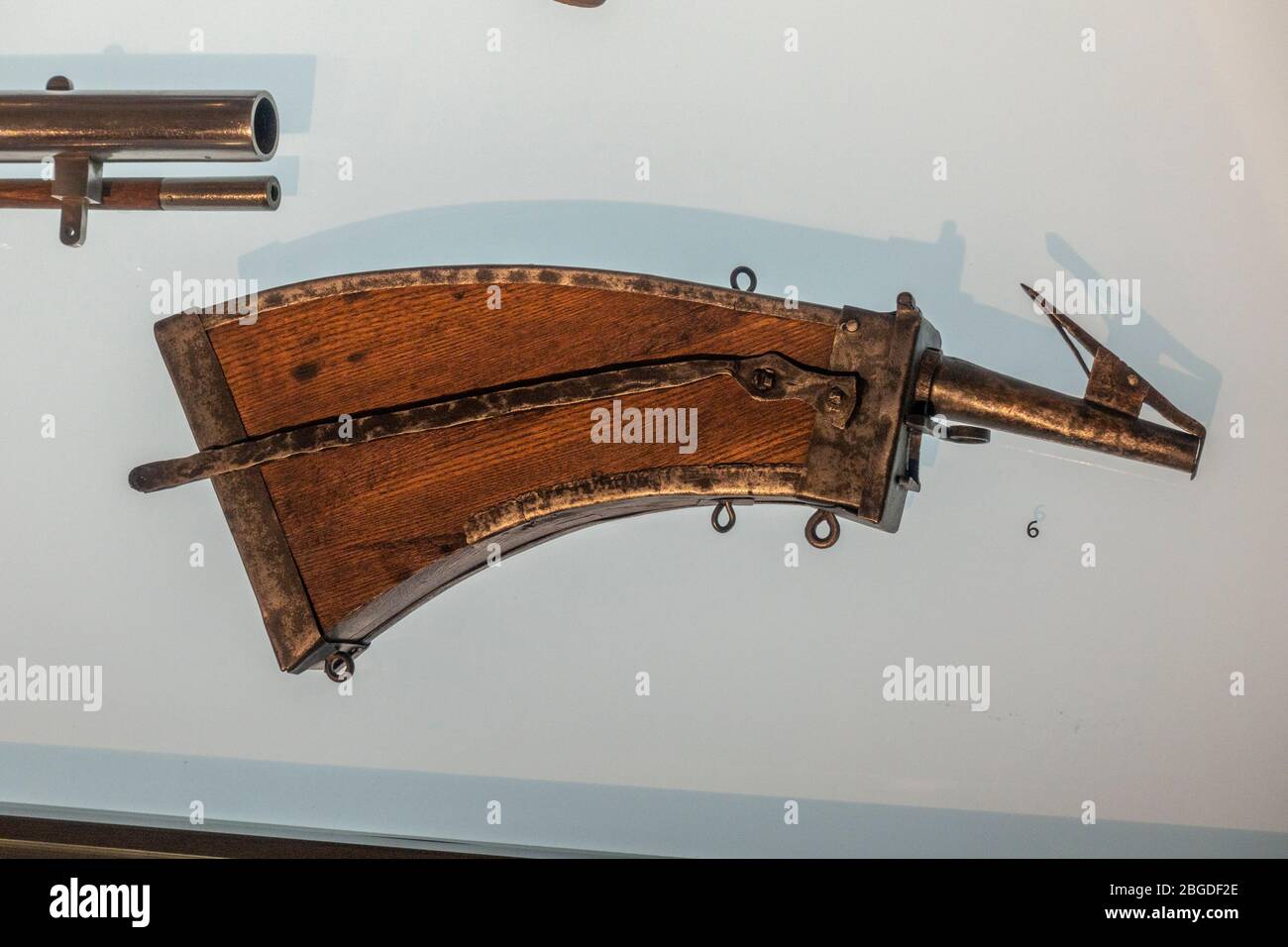 A 17th century German wooden/metal gunpowder flask on display in the ...