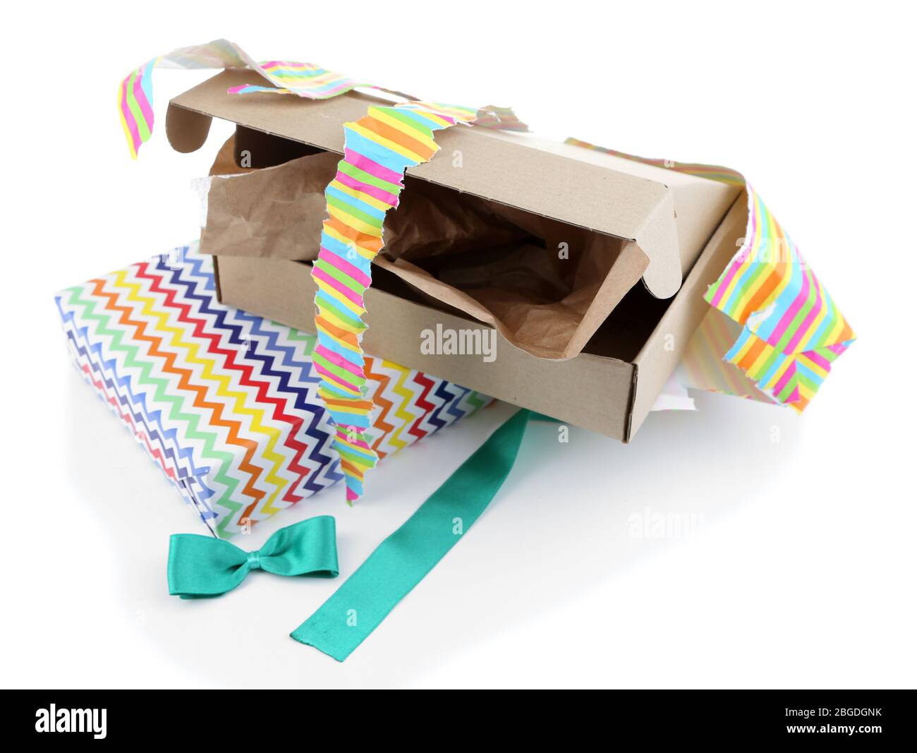 Unwrapped and opened gift box isolated on white Stock Photo - Alamy