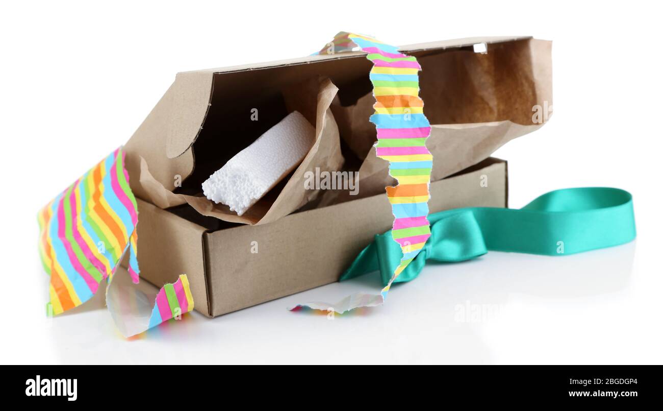 Unwrapped and opened gift box isolated on white Stock Photo - Alamy