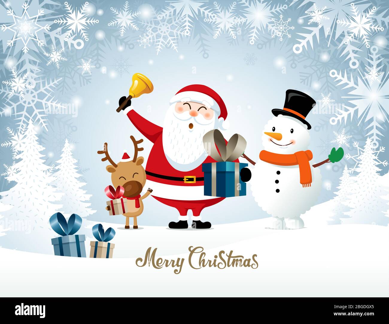 Merry Christmas, Happy Christmas friends. Santa Claus, Snowman, Rudolph ...
