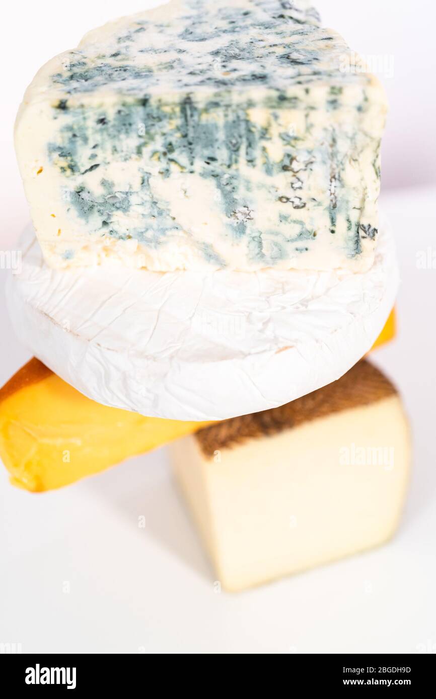 Variety of large wedges gourmet cheese on a white background Stock ...