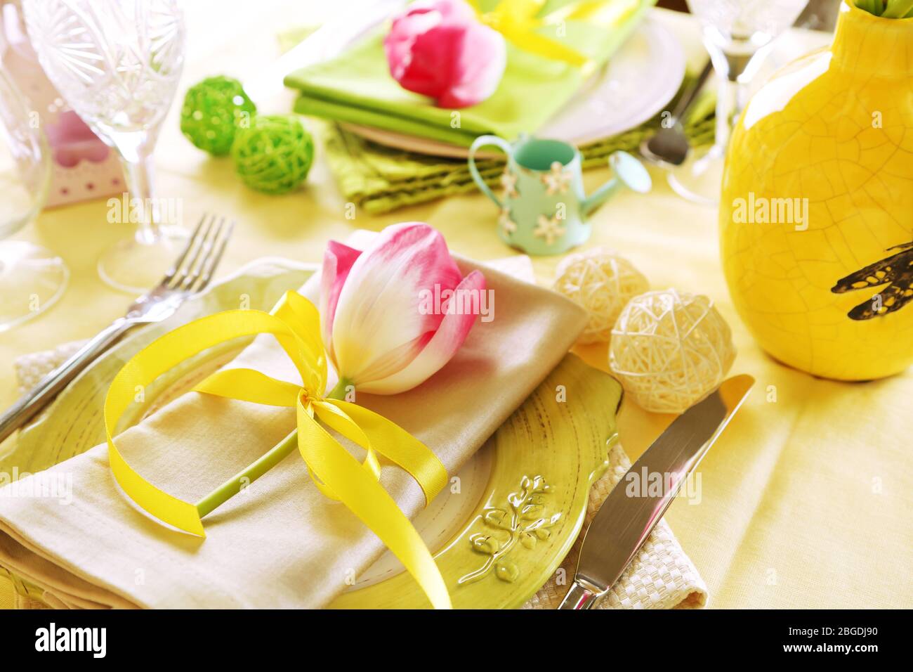 Beautiful spring table setting, top view Stock Photo - Alamy