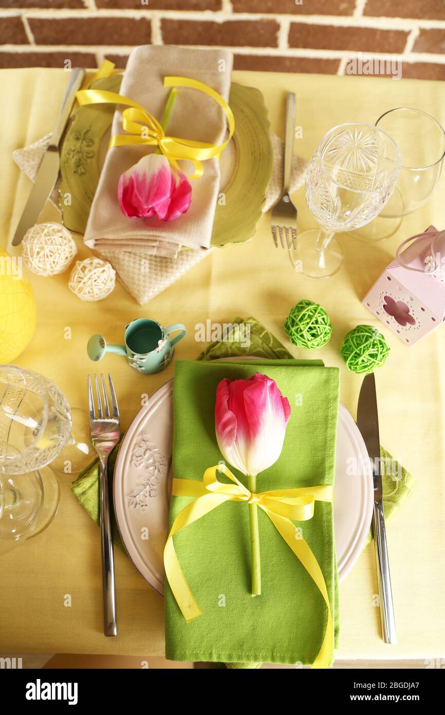 Beautiful spring table setting, top view Stock Photo - Alamy
