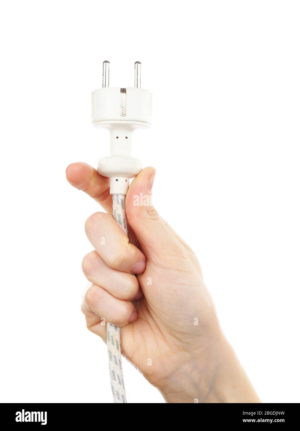 Hand holding electric plug isolated on white Stock Photo - Alamy