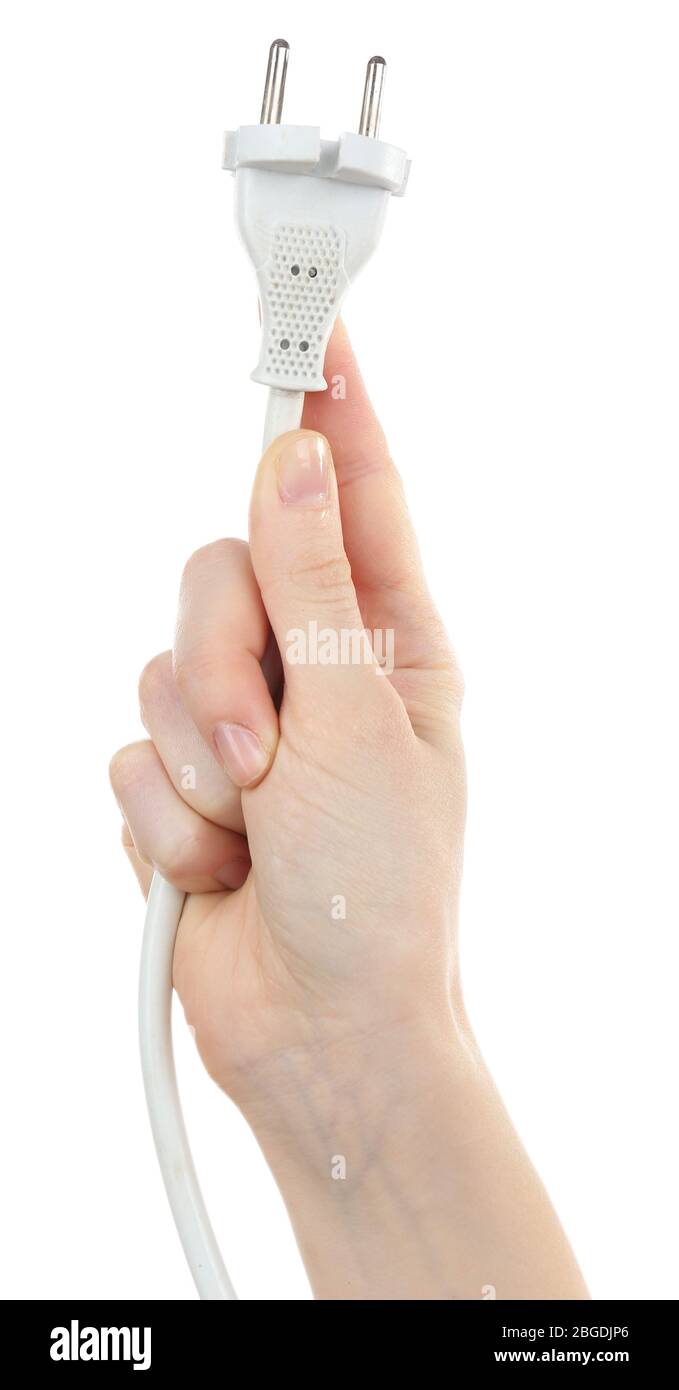 Hand holding electric plug isolated on white Stock Photo - Alamy