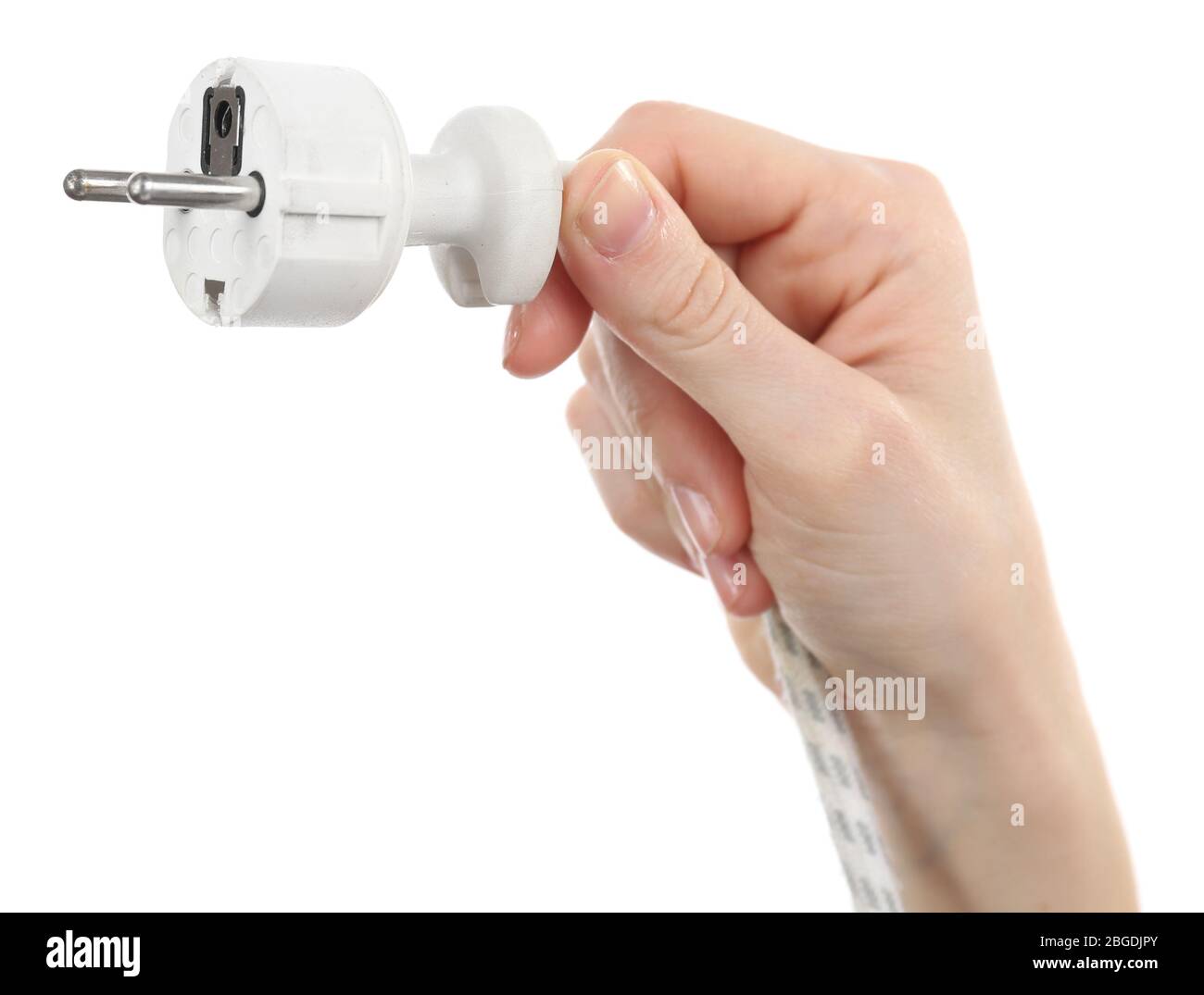 Hand holding electric plug isolated on white Stock Photo - Alamy