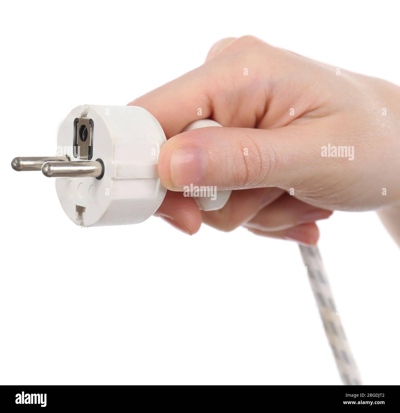 Hand holding electric plug isolated on white Stock Photo - Alamy