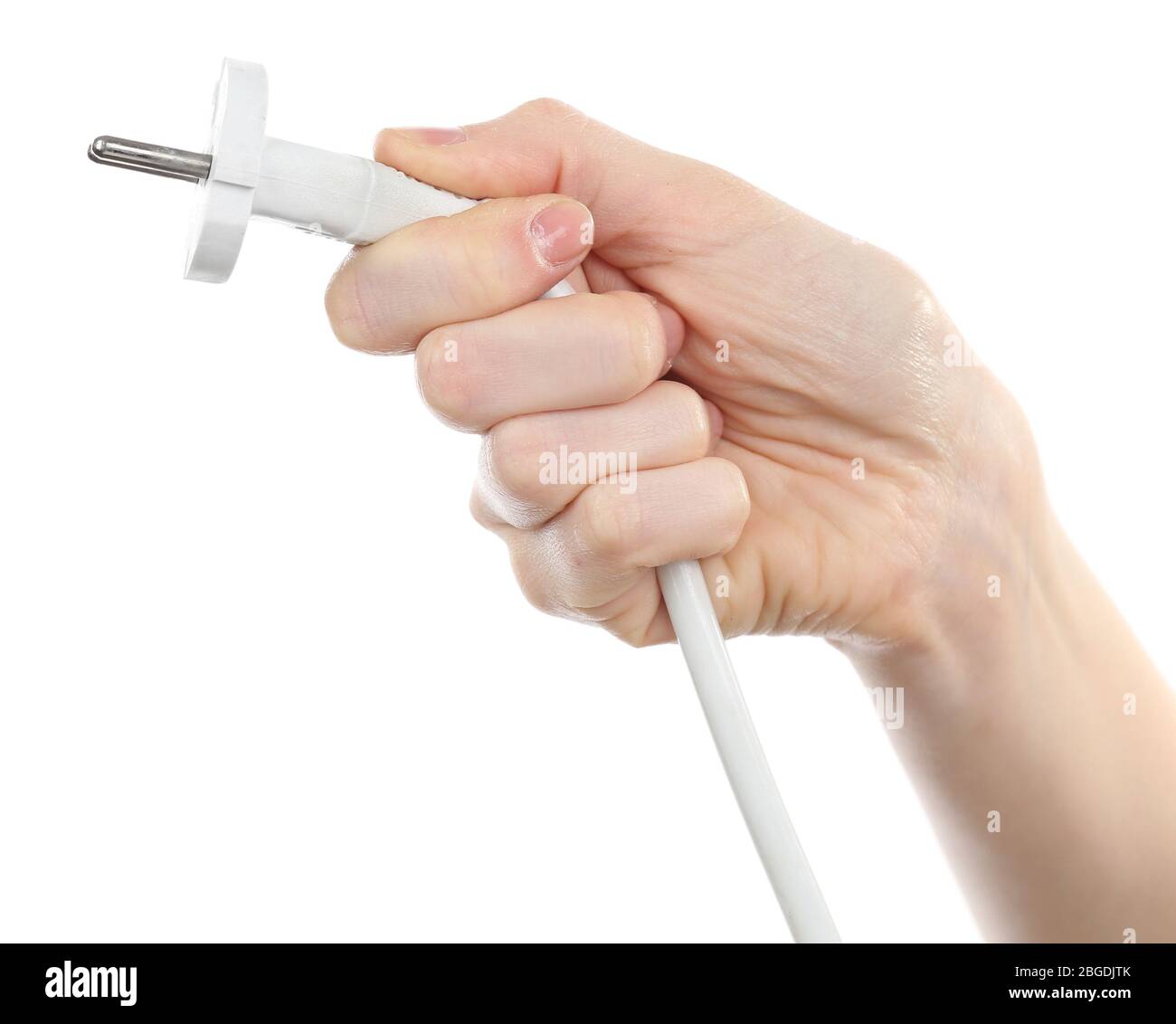 Hand holding electric plug isolated on white Stock Photo - Alamy