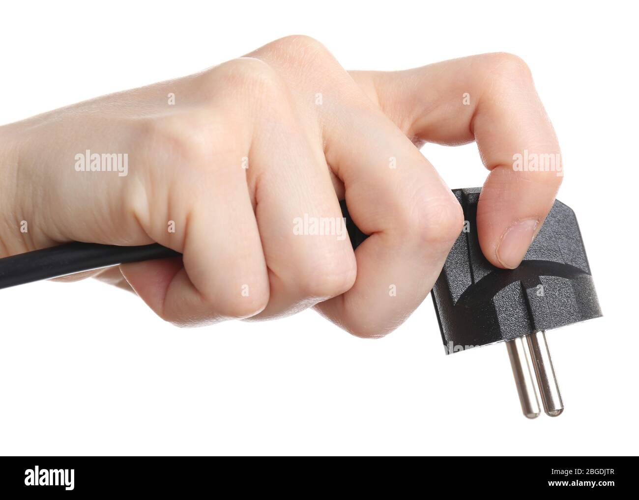 Hand holding electric plug isolated on white Stock Photo - Alamy