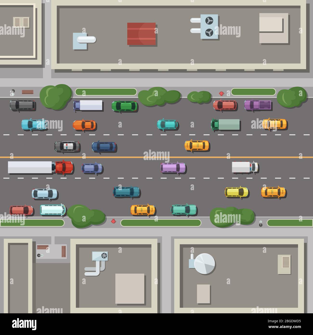 Fragment of city map with roofs, roads and cars on it. Top view vector ...
