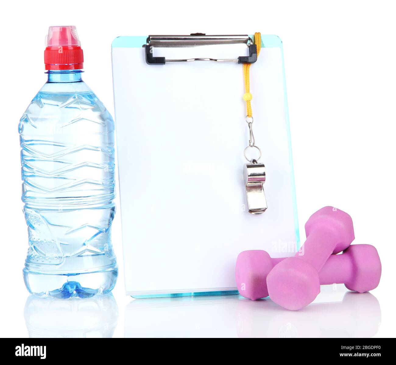 Sheet of paper and sports equipment isolated on white Stock Photo - Alamy