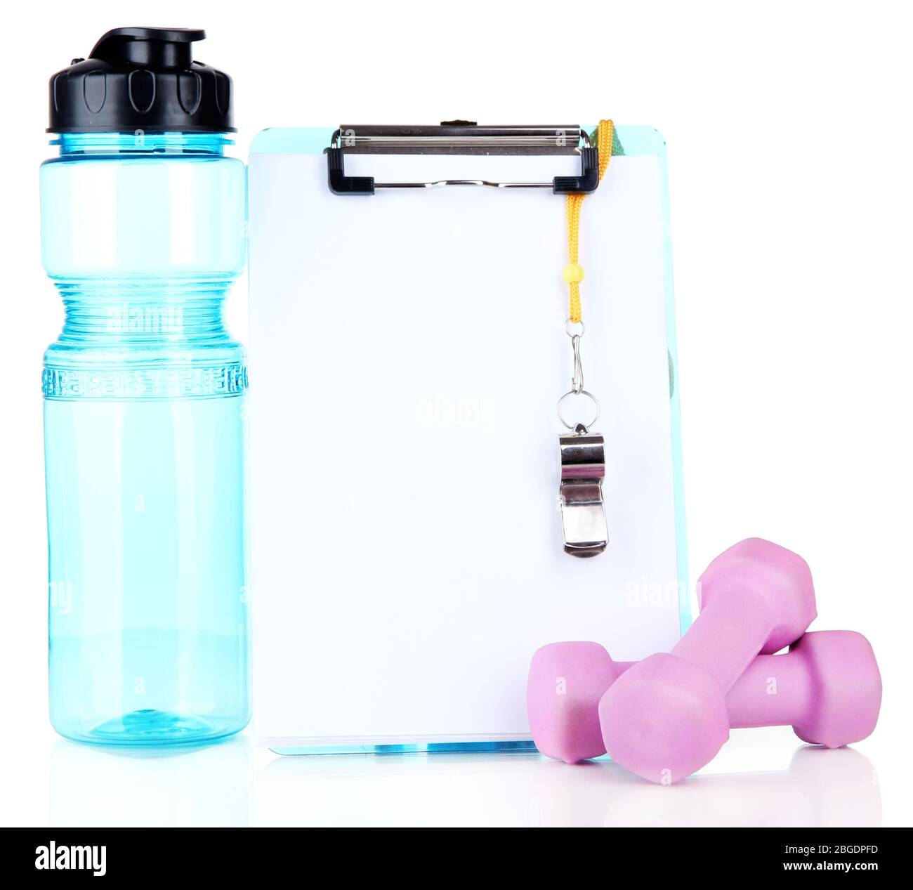 Sheet of paper and sports equipment isolated on white Stock Photo - Alamy