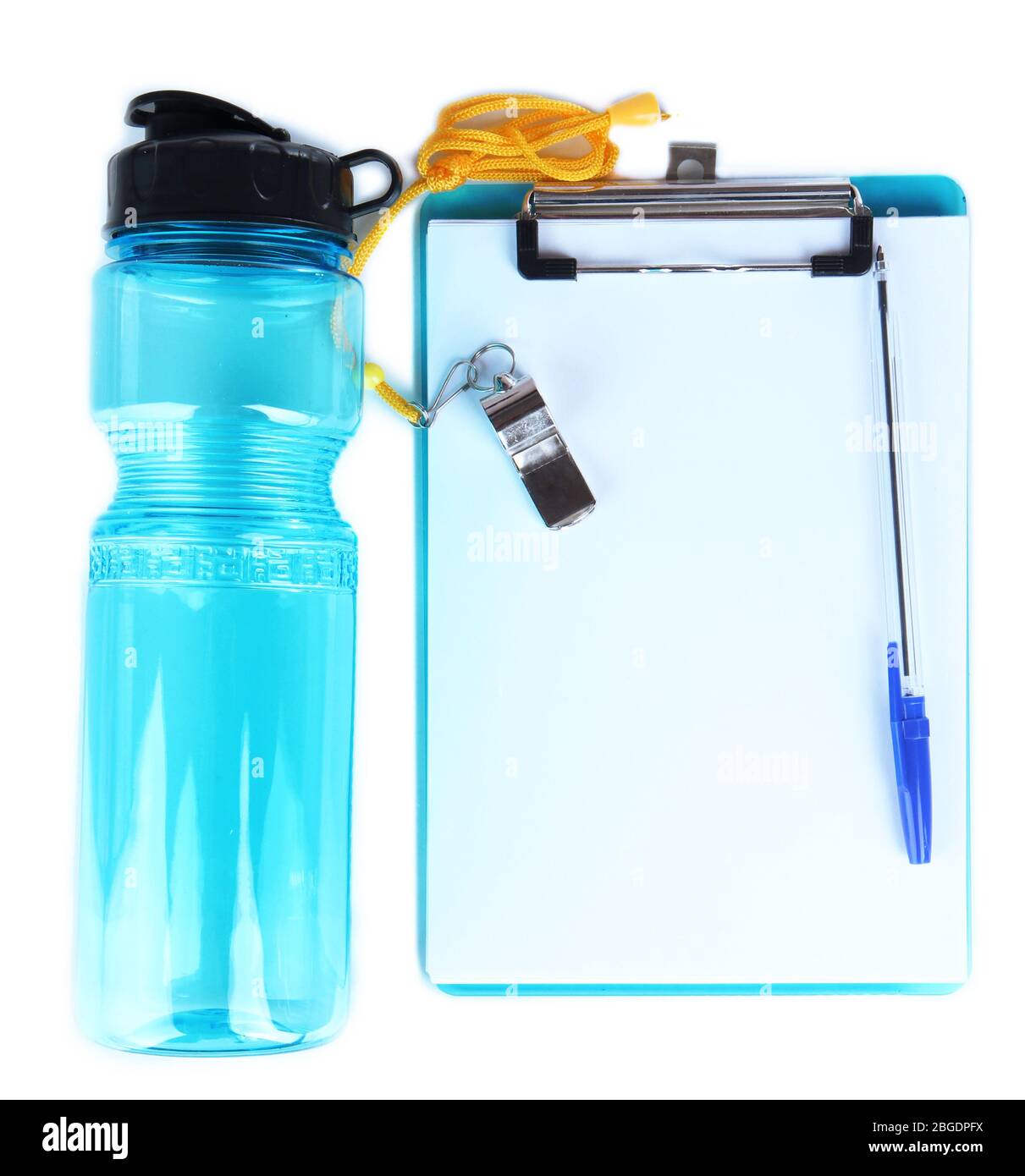 Sheet of paper and sports equipment isolated on white Stock Photo - Alamy