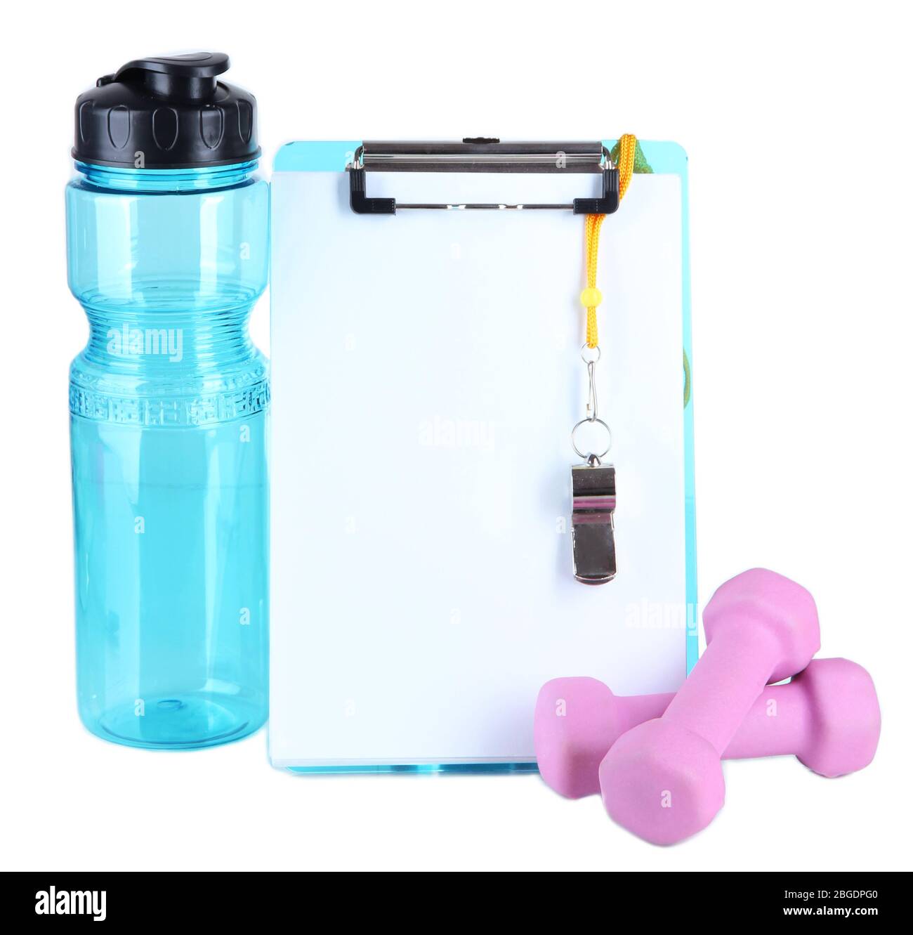 Sheet of paper and sports equipment isolated on white Stock Photo - Alamy