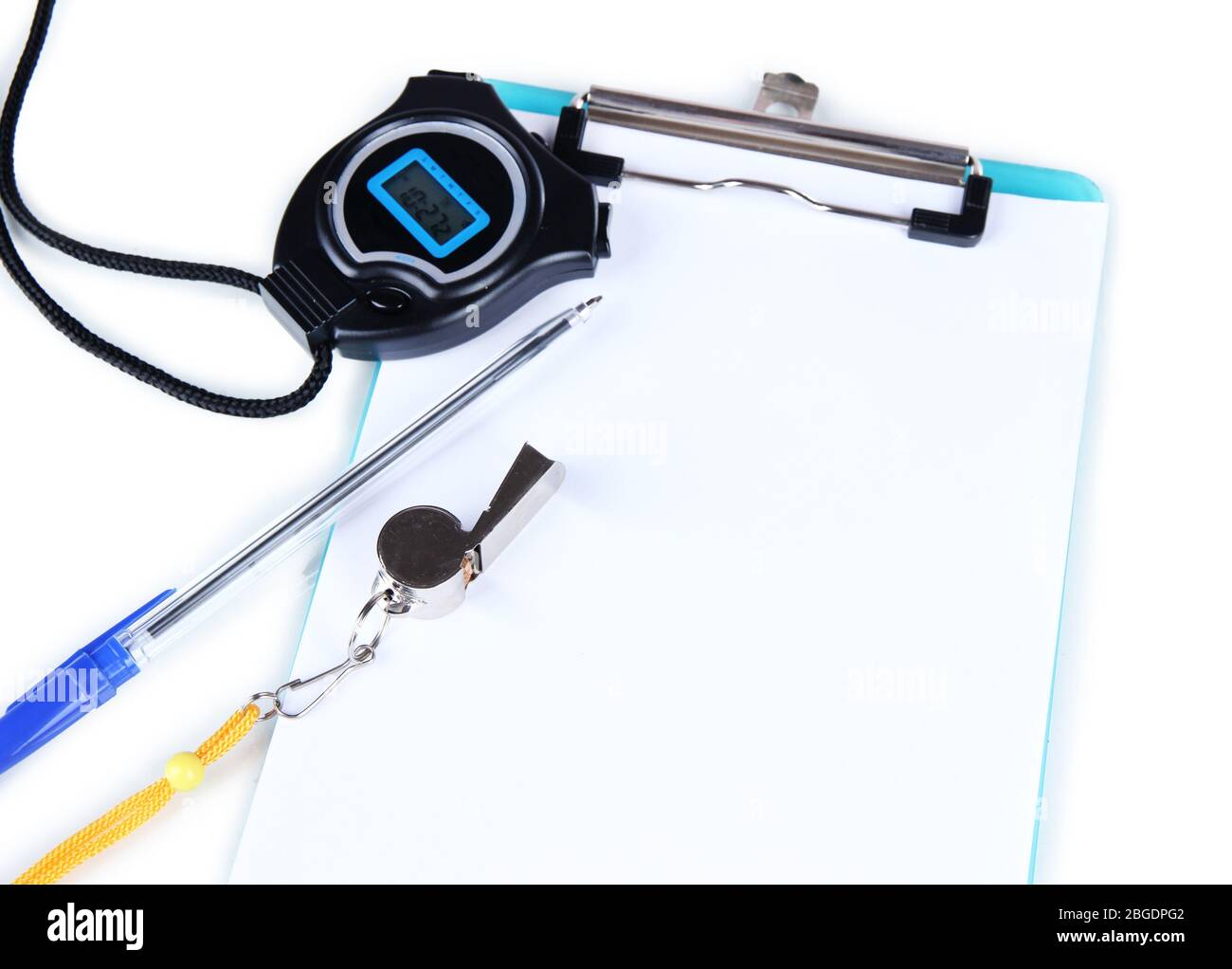 Sheet of paper, stopwatch and whistle isolated on white Stock Photo - Alamy