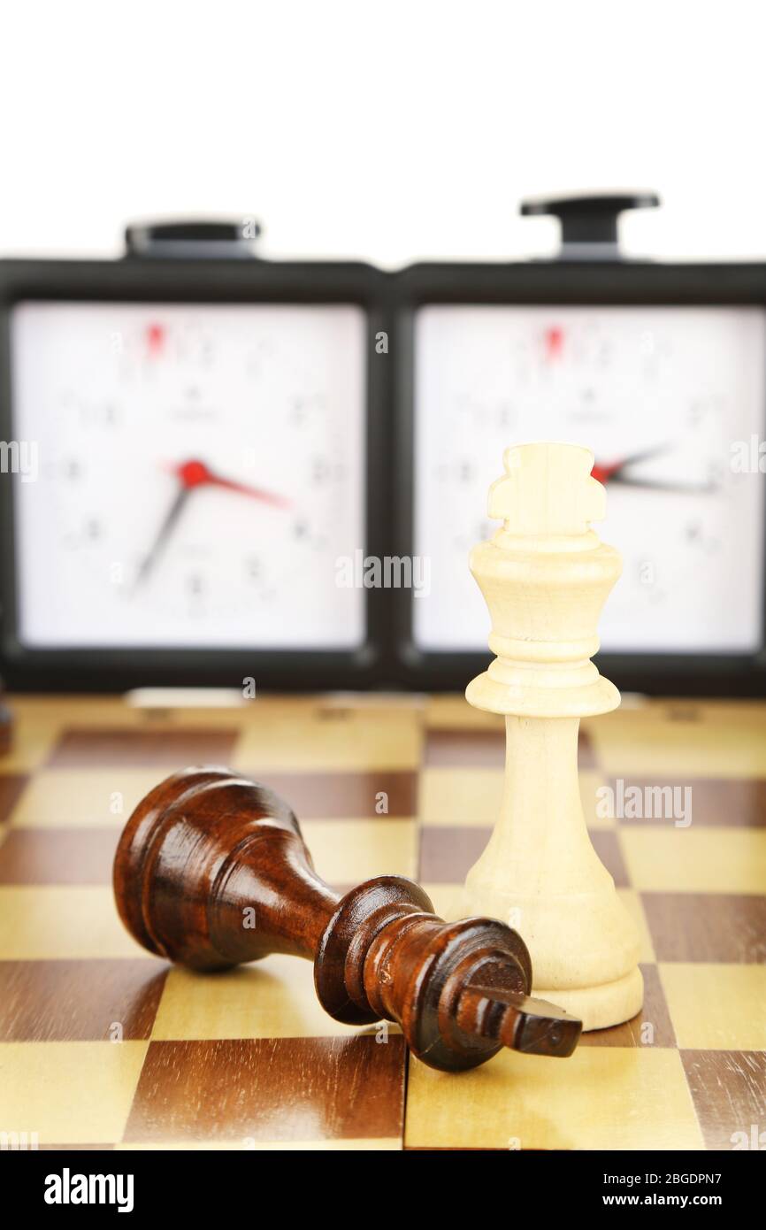 Chessboard with chess and clock, isolated on white Stock Photo - Alamy