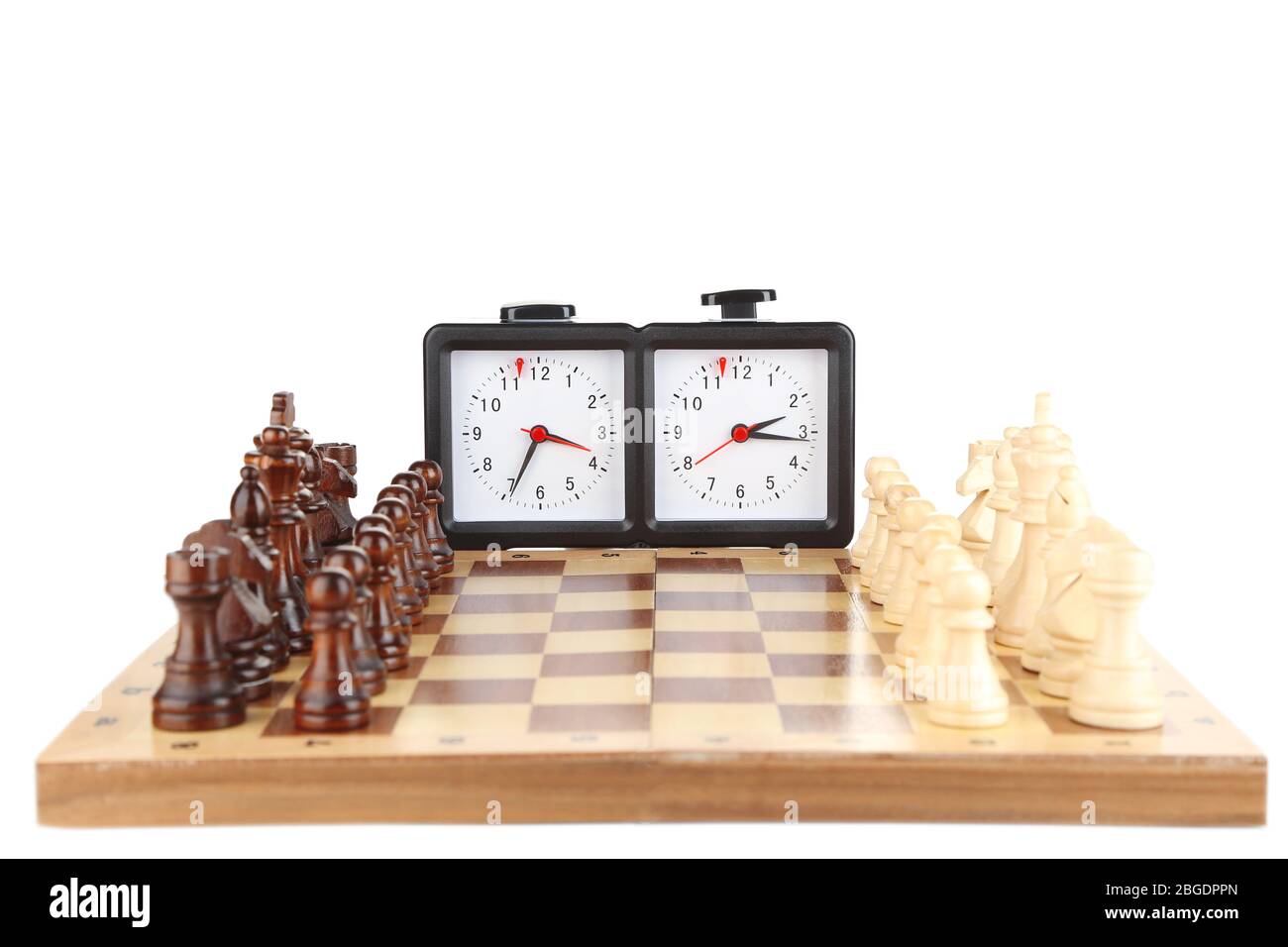 Chessboard with chess and clock, isolated on white Stock Photo - Alamy