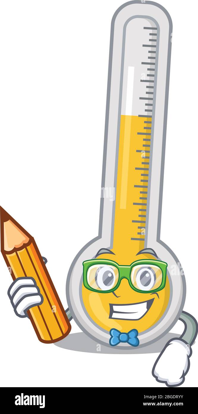A brainy student warm thermometer cartoon character with pencil and ...