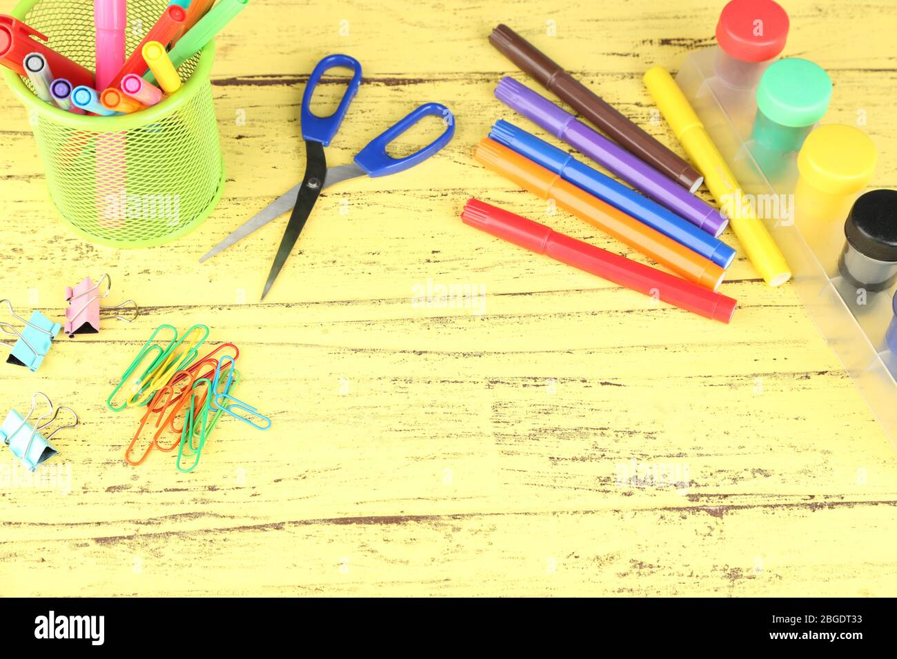Composition of various creative tools on color wooden background Stock ...