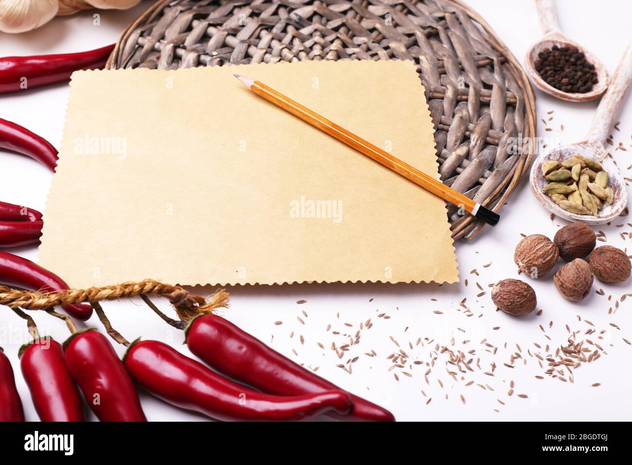 Different spices and blank paper, isolated on white Stock Photo - Alamy