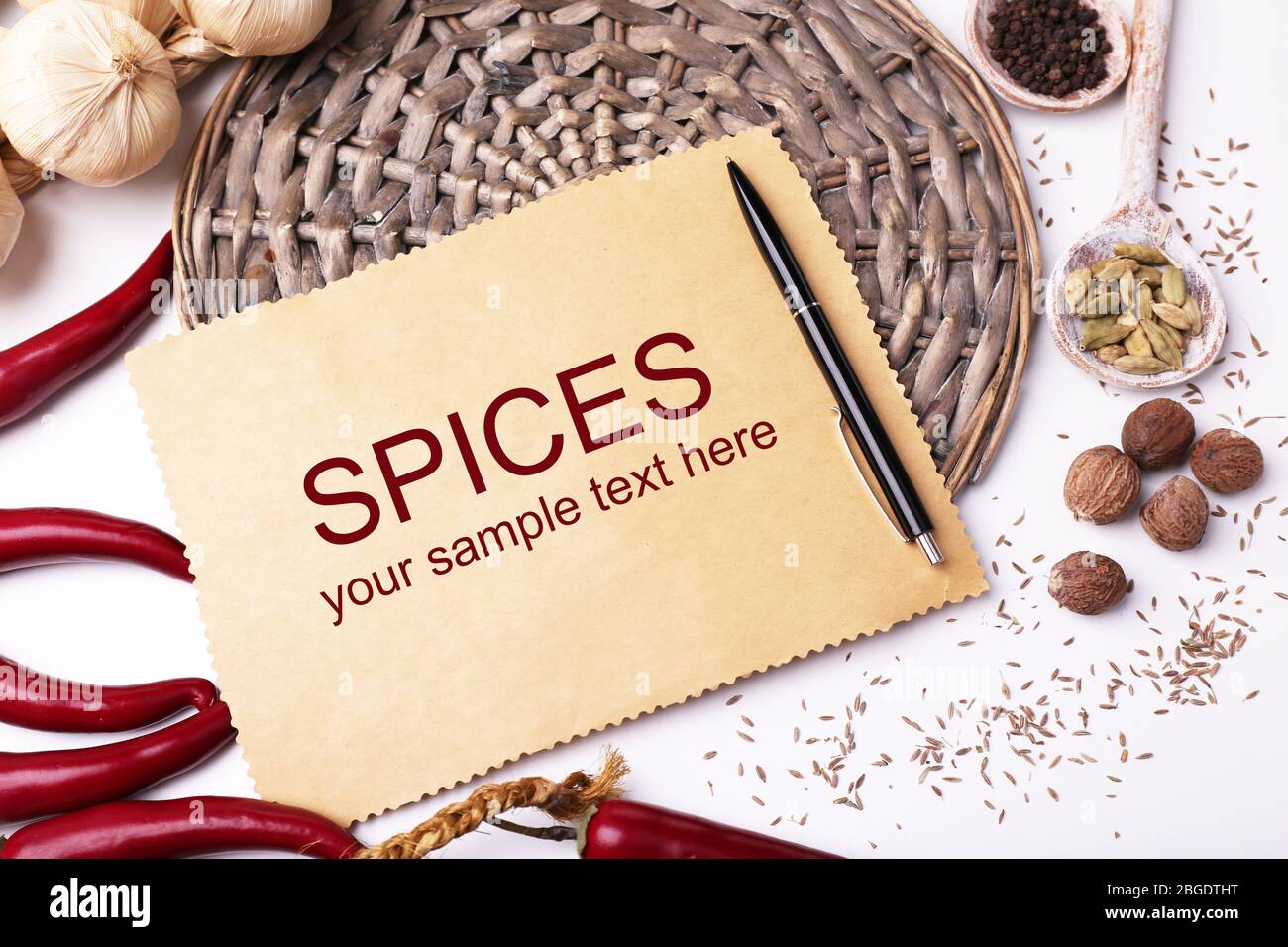 Different spices and blank paper, isolated on white Stock Photo - Alamy