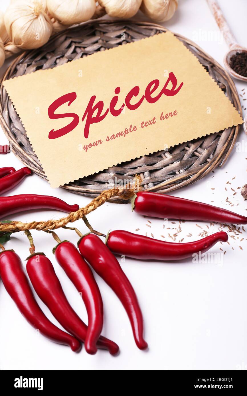Different spices and blank paper, isolated on white Stock Photo - Alamy
