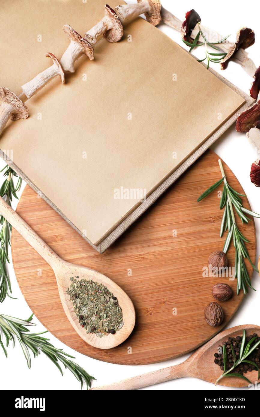 Different spices and cutting board, isolated on white Stock Photo - Alamy