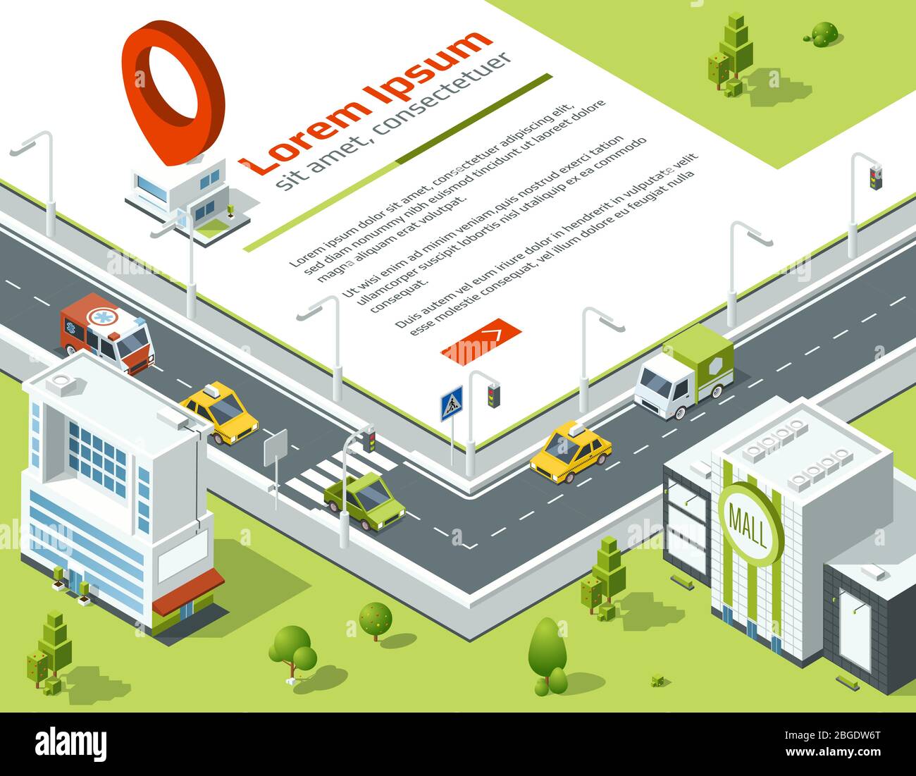 Isometric 3d city. Conceptual poster with highway and point on map ...