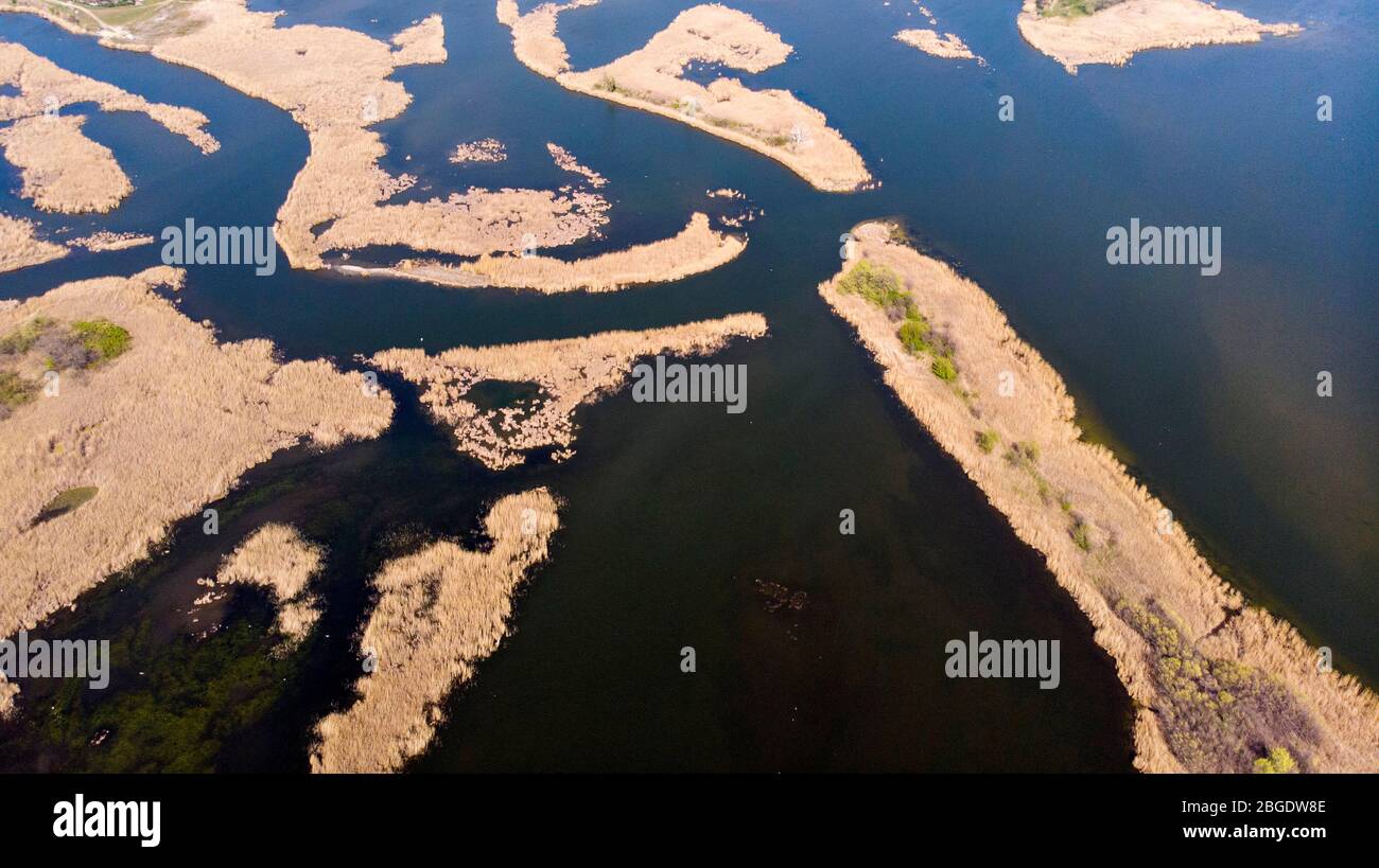Drone shooting directly above the islands and river delta. Bird's-eye ...