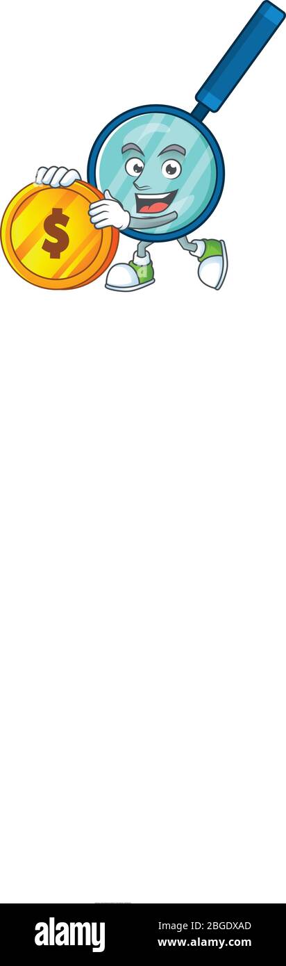 Magnifying glass rich cartoon character have big gold coin Stock Vector ...