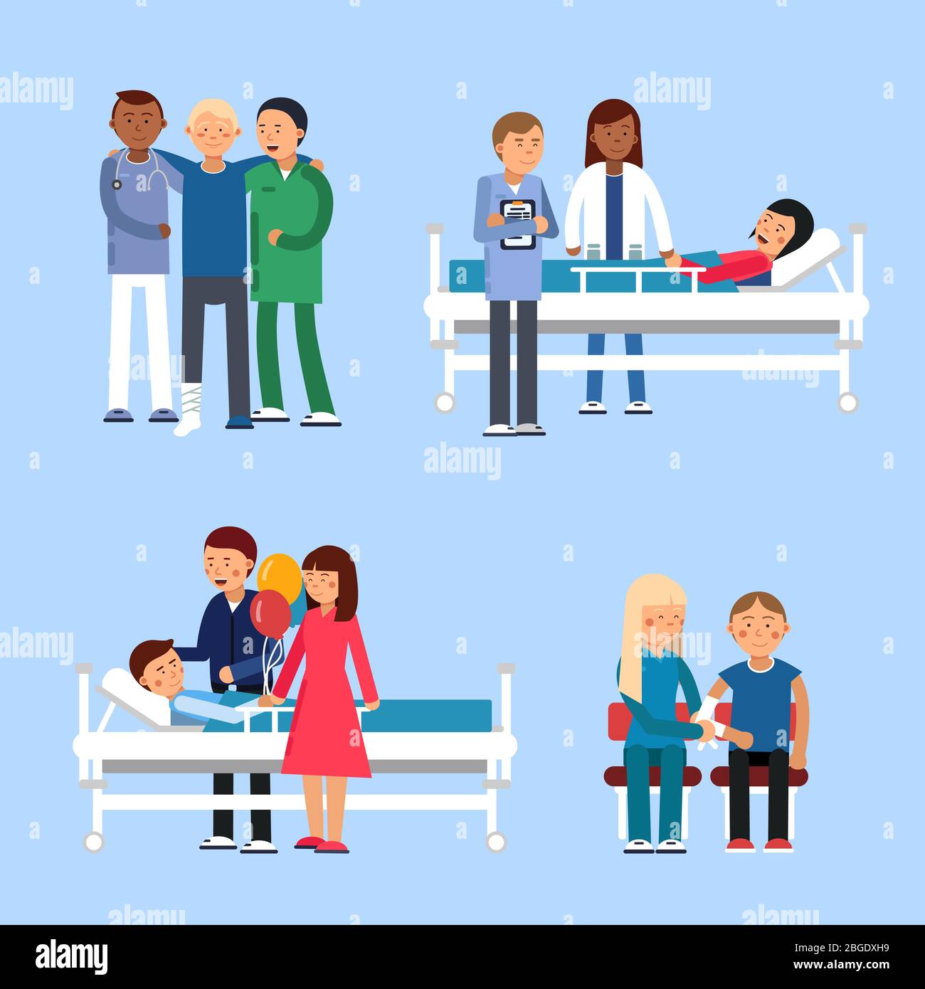 Care of patients in hospital. Medical therapy. Vector illustrations ...