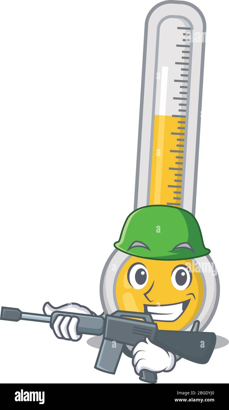 A cartoon picture of warm thermometer in Army style with machine gun ...