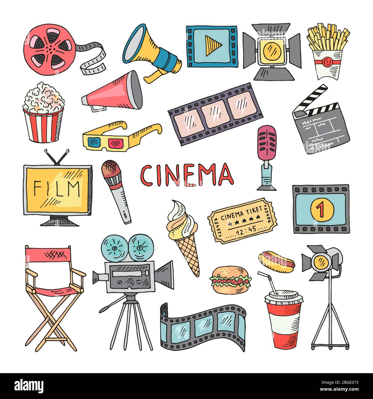 Movie entertainment vector icon set. Pictures in hand drawn style Stock ...