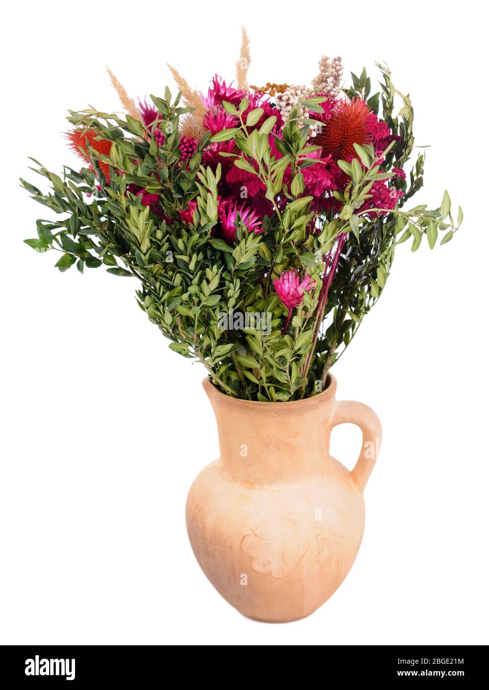 Beautiful bouquet of bright flowers in pitcher isolated on white Stock ...