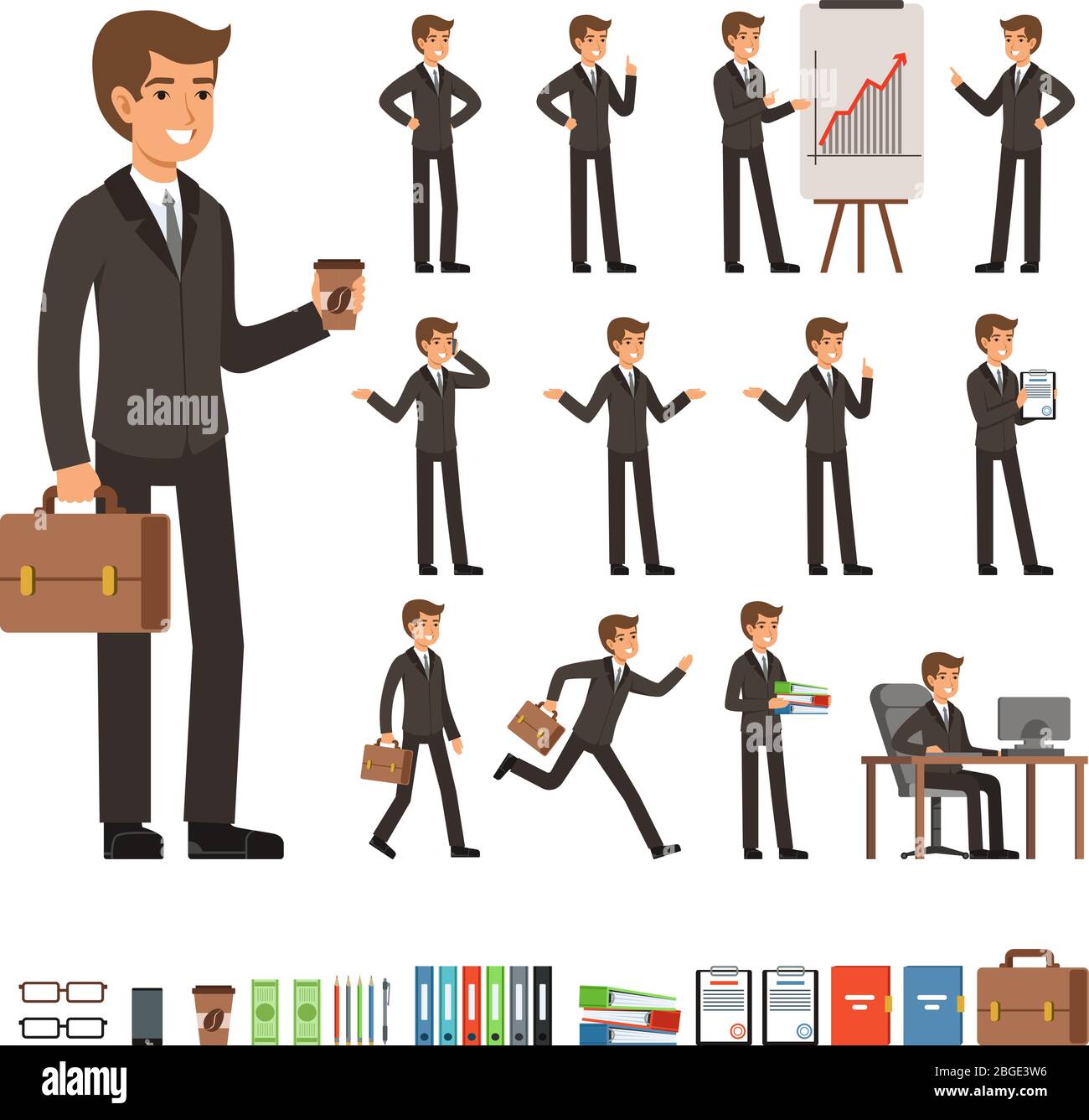 Vector set of businessman in different action poses with accessories ...