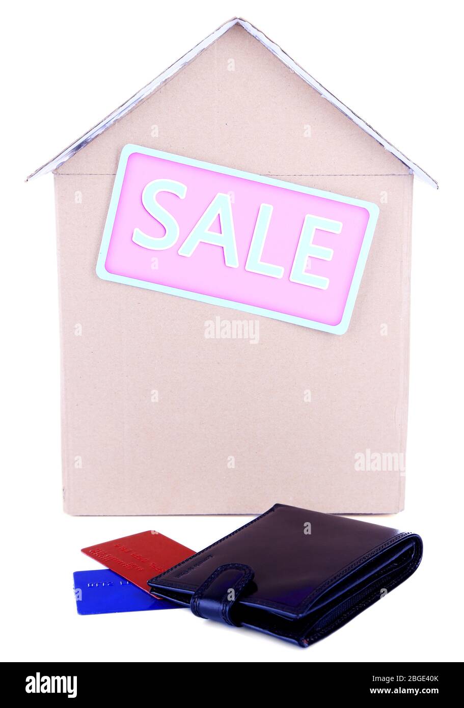 Cardboard house with wallet and credit cards isolated on white Stock ...