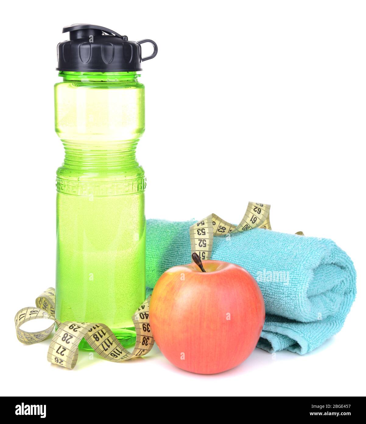 Sports bottle, apple,towel and measuring tape isolated on white Stock ...