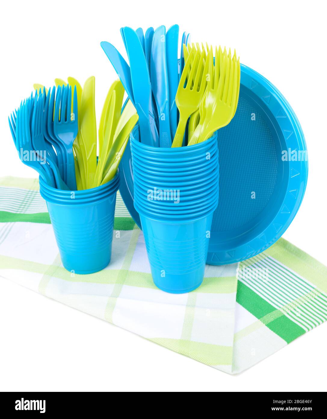 Bright plastic tableware isolated on white Stock Photo - Alamy