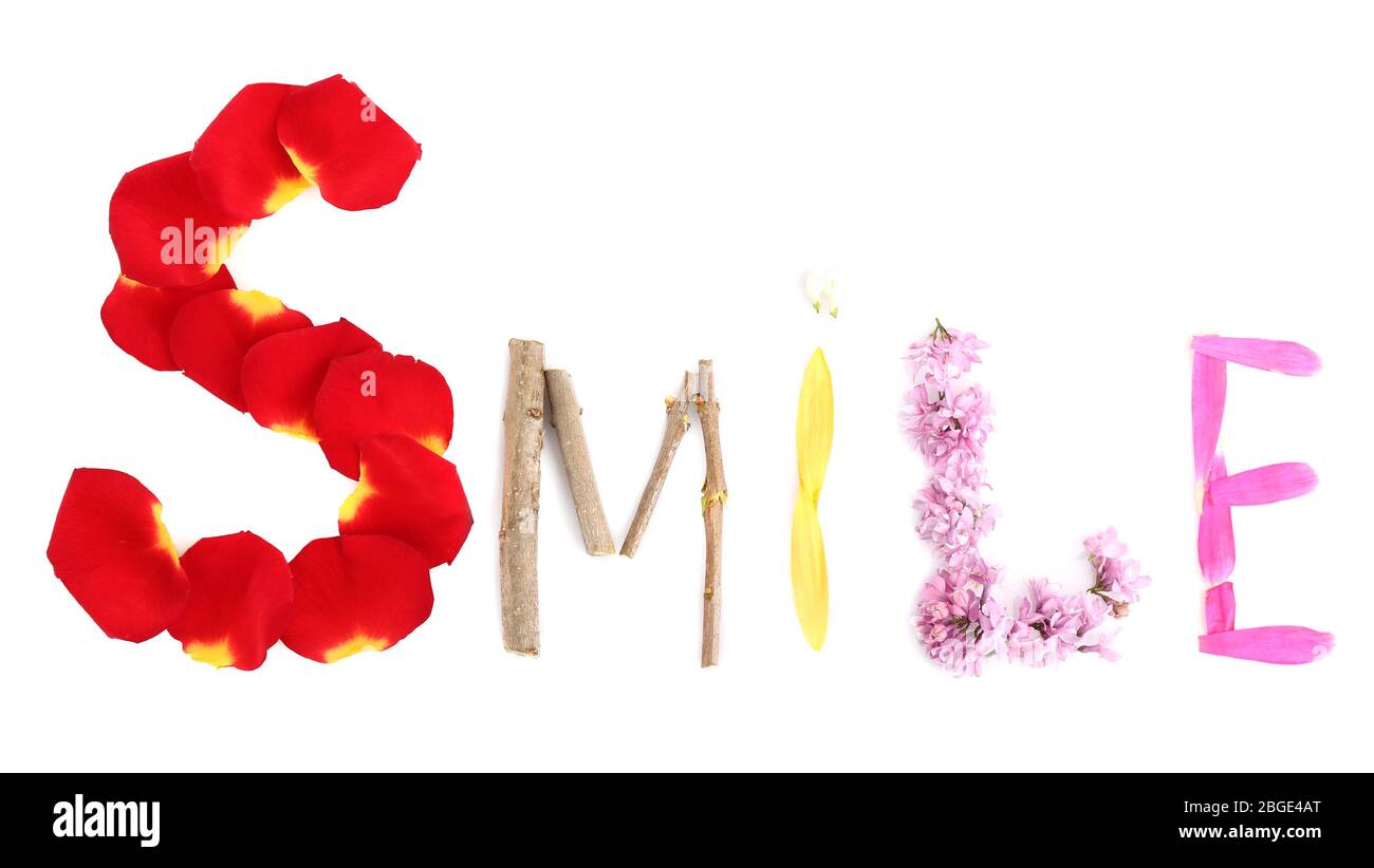 Smile laid out from petals and branches isolated on white Stock Photo ...