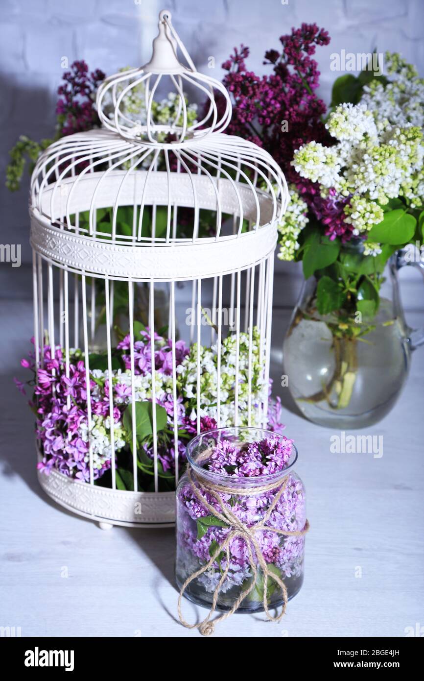 Beautiful lilac flowers in decorative cell, on light background Stock ...