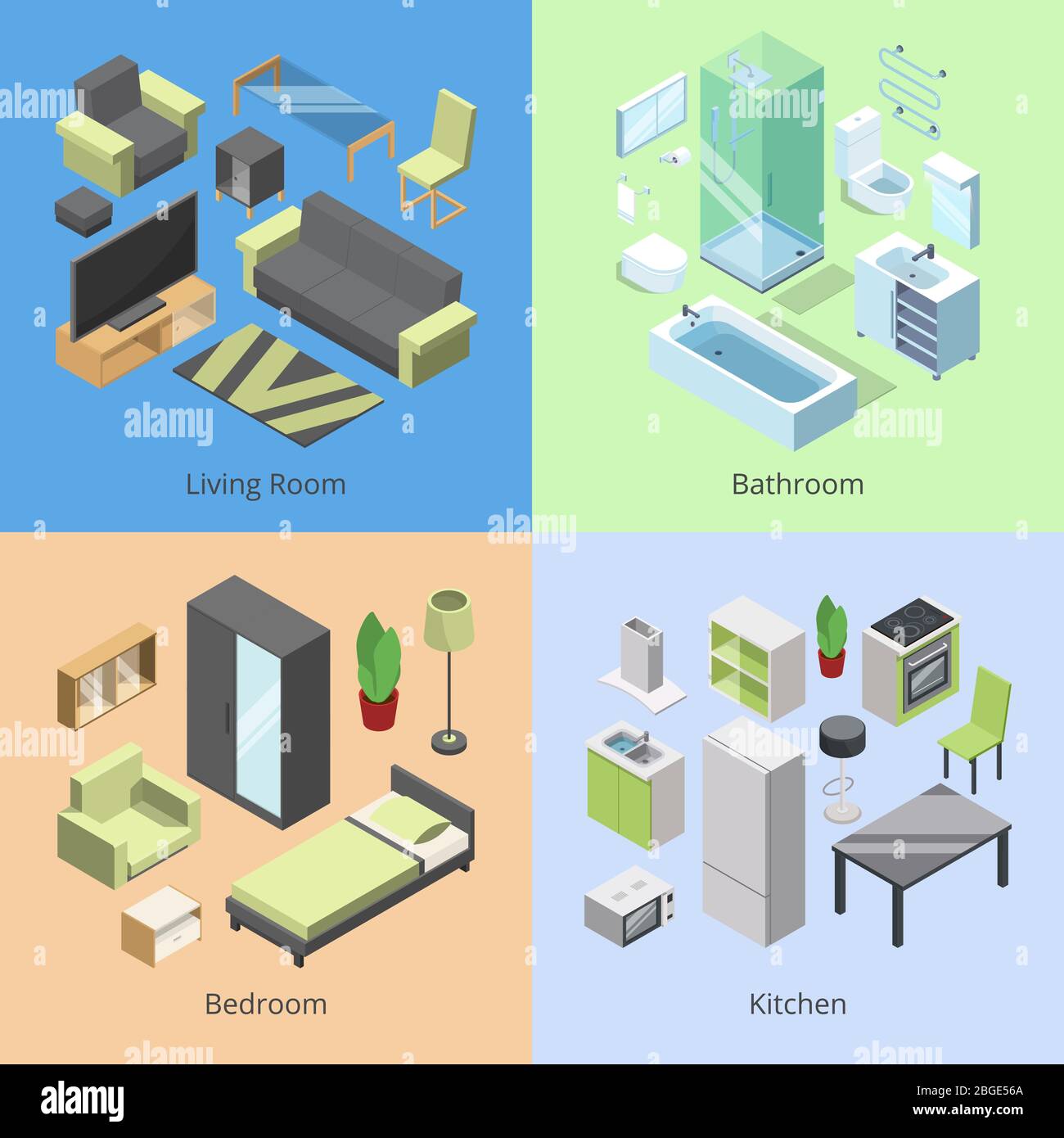 Set of different furniture elements for rooms in modern home. Vector isometric illustrations of ...