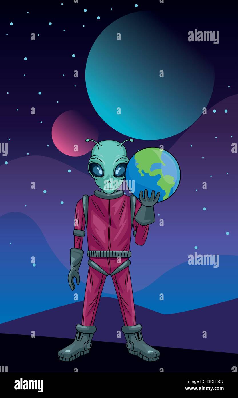 alien lifting earth planet in the space character Stock Vector Image ...
