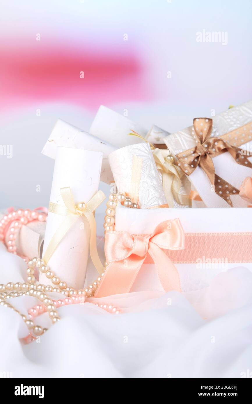 Beautiful handmade wedding cards in box, on light background Stock ...