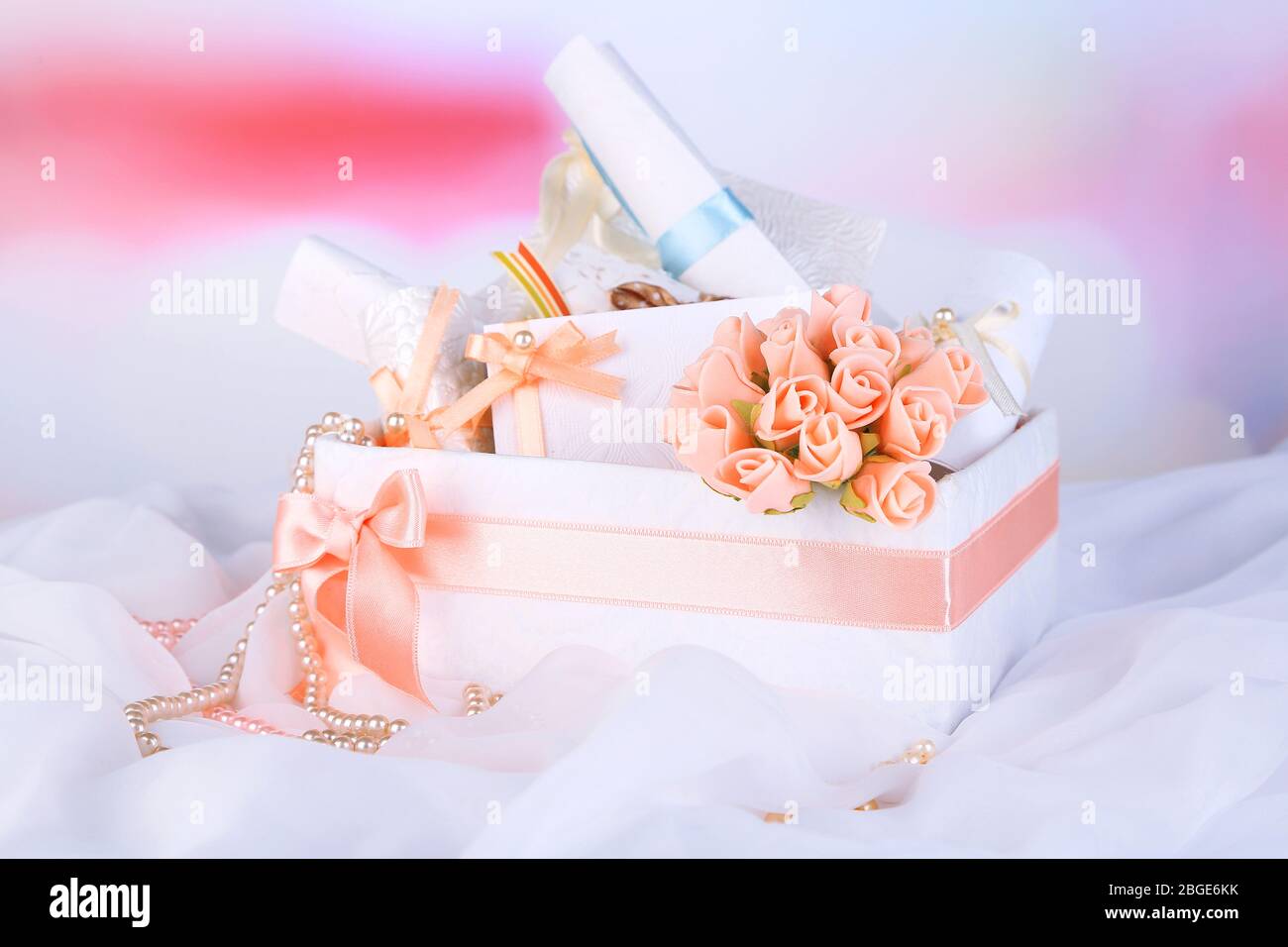 Beautiful handmade wedding cards in box, on light background Stock ...