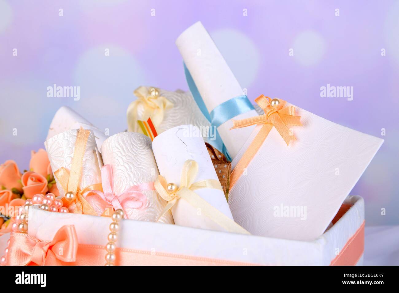 Beautiful handmade wedding cards in box, on light background Stock ...