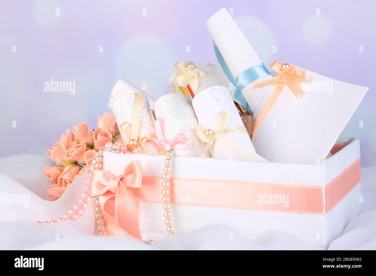 Beautiful handmade wedding cards in box, on light background Stock ...