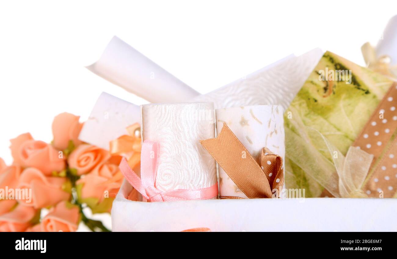 Beautiful handmade wedding cards in box, isolated on white Stock Photo ...