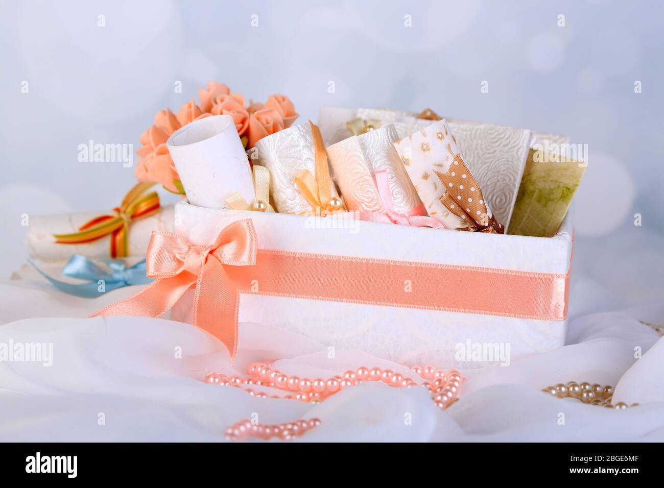 Beautiful handmade wedding cards in box, on light background Stock ...